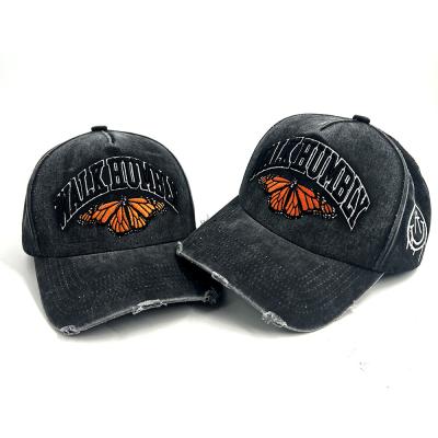 China Suede Baseball Caps 3D Customized Letters Butterfly Embroidered Soft High Crown Structured Washed Old Distressed for sale