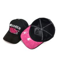 China Streetwear Baseball Hats Customize 3D Embroidery Logos Hot Pink Suede Brim High Crown Cotton Full Black Satin Lined for sale