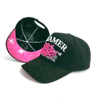 China Streetwear Baseball Hats Customize 3D Embroidery Logos Hot Pink Suede Brim High Crown Cotton Full Black Satin Lined for sale