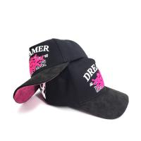 China Streetwear Baseball Hats Customize 3D Embroidery Logos Hot Pink Suede Brim High Crown Cotton Full Black Satin Lined for sale