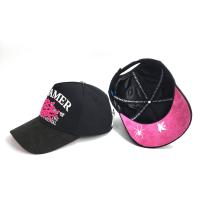 China Streetwear Baseball Hats Customize 3D Embroidery Logos Hot Pink Suede Brim High Crown Cotton Full Black Satin Lined for sale