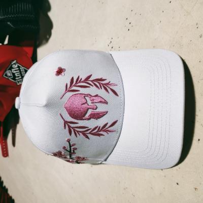 China 3D Embroidered Spartan Face Pink Baseball Caps Sakura Cherry Butterfly Cotton Twill High Crown Silk Cover Tape Text for sale