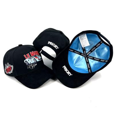 China Full Black Suede Cotton Custom Hats 5 Panel 3D Embroidery Blue Lining Baseball Cap for sale