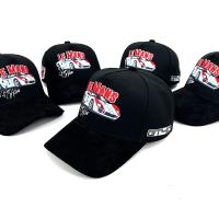 China Full Black Suede Cotton Custom Hats 5 Panel 3D Embroidery Blue Lining Baseball Cap for sale