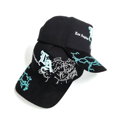 China 3D Embroider Logos Brim Baseball Caps Cotton And Suede Custom Interior Tape 5 Panels Back Tag Full Black for sale