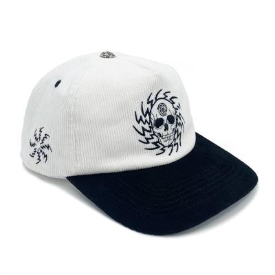 China 5 Panel Corduroy Unstructured Snapback Caps Custom Embroidery Flat Brim Metal Button for sale