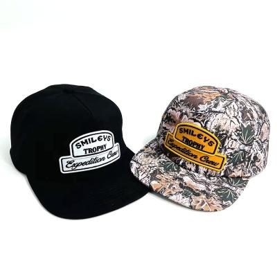 China Unstructured Camouflage Snapback Hat Custom Embroidery Patch Camo 5 Panel Adjustable Cap for sale