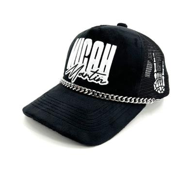 China Adjustable Baseball Cap Custom 3D Powder Puff Embroidered Logo Velvet Trucker With Metal Chain for sale