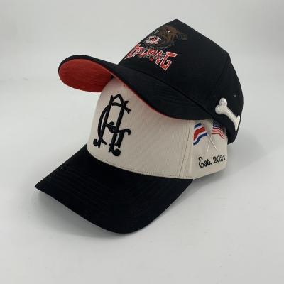 China Cotton Baseball Hat 3D Embroidery Custom Logo Dog Embroidered White And Black 5 Panel Personalized Sport Golf for sale