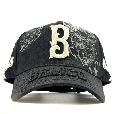 China Streetwear Baseball Cap Vintage Gothic Belico Big B Logo Skull Cross Bone 3D Embroidery Dad Allover Skull Pattern for sale