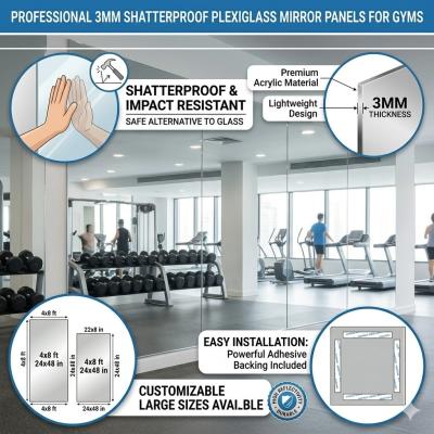 China 3mm Shatterproof PMMA Acrylic Mirror Panel 1220×2440mm Large Self-Adhesive Wall Mirror Sheet, Laser Polished Anti-Distortion Gym Dance Studio Commercial Mirror Custom Cut for sale