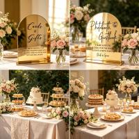China Gold Mirror Arched Acrylic Wedding Table Sign Custom UV Printed Reception Guestbook Cards Gifts Tabletop Plaque for sale