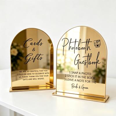 China Gold Mirror Arched Acrylic Wedding Table Sign Custom UV Printed Reception Guestbook Cards Gifts Tabletop Plaque for sale