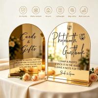 China Gold Mirror Arched Acrylic Wedding Table Sign Custom UV Printed Reception Guestbook Cards Gifts Tabletop Plaque for sale