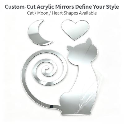 China Custom Cut Irregular Acrylic Mirror Sheet Cat Moon & Heart Shaped Mirror Cutouts for Wall Decor for sale