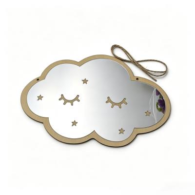China Wholesale Cloud Shape Plywood Framed Acrylic Mirror Shatterproof Kids Wall Hanging Mirror Cartoon Nursery Decorative Mirror For Children Bedroom Montessori Wall Decor for sale