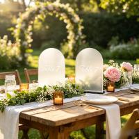 China 130×180×2mm Arch Frosted Matte Acrylic Wedding Table Number Sign, Custom Printed Acrylic Table Stand For Wedding Banquet Reception Table Decor for sale