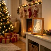 China Plywood Frame Laser Engraved Acrylic LED Night Light Christmas Tree Table Lamp Custom New Year Holiday Decor Gift for sale