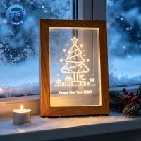 China Plywood Frame Laser Engraved Acrylic LED Night Light Christmas Tree Table Lamp Custom New Year Holiday Decor Gift for sale