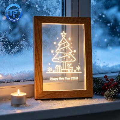 China Plywood Frame Laser Engraved Acrylic LED Night Light Christmas Tree Table Lamp Custom New Year Holiday Decor Gift for sale