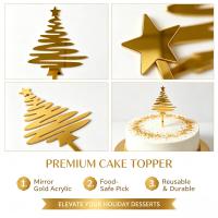 China Mirror Gold Acrylic Christmas Tree Cake Topper Line Art Xmas Dessert Table Party Decoration for sale