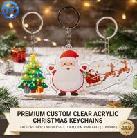 China Custom Clear Acrylic Christmas Keychains Cute Santa Claus Tree Reindeer UV Printed Xmas Keyrings for sale