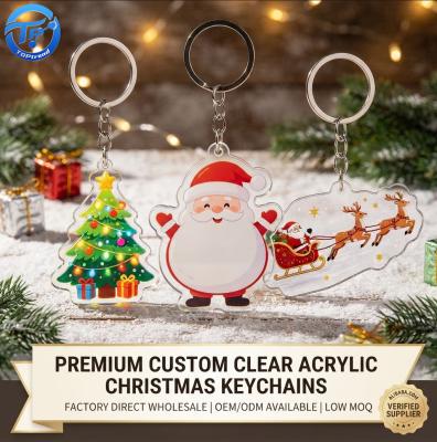 China Custom Clear Acrylic Christmas Keychains Cute Santa Claus Tree Reindeer UV Printed Xmas Keyrings for sale