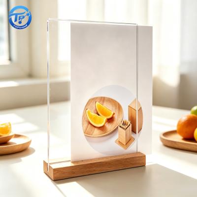 China Clear Acrylic Table Menu Stand, Vertical Tabletop Sign Holder with Plywood Base for Restaurant Cafe Display Custom Logo for sale