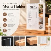 China Clear Acrylic Table Menu Stand, Vertical Tabletop Sign Holder with Plywood Base for Restaurant Cafe Display Custom Logo for sale