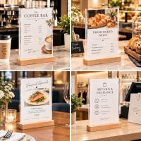 China Clear Acrylic Table Menu Stand, Vertical Tabletop Sign Holder with Plywood Base for Restaurant Cafe Display Custom Logo for sale