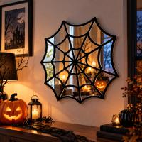 China 300x300mm Spider Web Acrylic Mirror Wall Decor, 2.65mm Double Layer Bonded Acrylic Mirror With Black Acrylic Sheet, Halloween Hollow Out Wall Hanging Art Mirror for sale