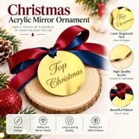 China Christmas Acrylic Mirror Hanging Ornament, Round Laser Engraved Text Acrylic Decor Tag with Satin Ribbon for Xmas Tree & Gift Decoration for sale