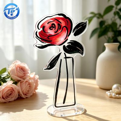 China Art Rose UV Printed Acrylic Decorative Standee, Clear Freestanding Desktop Acrylic Ornament for Home Table Decor for sale