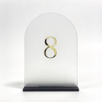 China Arched Frosted Acrylic Wedding Table Number Sign with 3D Gold Numbers, Freestanding Acrylic Table Stand for Banquet & Party Decor for sale