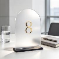 China Arched Frosted Acrylic Wedding Table Number Sign with 3D Gold Numbers, Freestanding Acrylic Table Stand for Banquet & Party Decor for sale