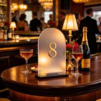 China Arched Frosted Acrylic Wedding Table Number Sign with 3D Gold Numbers, Freestanding Acrylic Table Stand for Banquet & Party Decor for sale