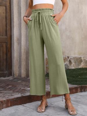 China Fashionable Spring/Summer High-Waisted Cotton-Linen Blend Drawstring Wide-Leg Casual Pants for Women for sale