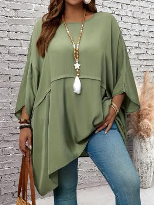 China European and American Plus-Size Women's Casual Resort Top, Spring/Summer/Autumn, Solid Color, Loose Fit, Round Neck, Batwing Sleeves, Comfortable Shirt for sale