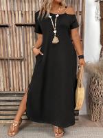 China 2026 Sexy Fashion European and American V-neck Summer Solid Color Short Sleeve Split Hem Loose Jumpsuit Nightclub Dress for sale