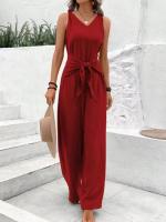 China 2026 New V-Neck Wide-Leg Jumpsuit Sleeveless Twisted Knot Vest Jumpsuit for sale