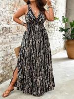 China Plus Size Women's Fashion Printed Back Slit Long Dress, European and American Style V-Neck Pleated Dress, Fashion Resort Style Long Dress for sale