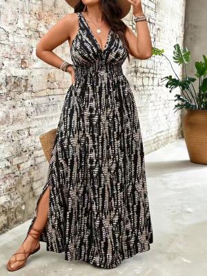 China Plus Size Women's Fashion Printed Back Slit Long Dress, European and American Style V-Neck Pleated Dress, Fashion Resort Style Long Dress for sale