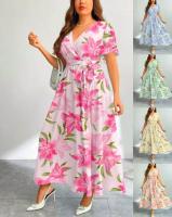China 2026 New V-Neck Printed Dress with Artistic Vacation Prints and Face-flattering Design for Casual Vacations for sale