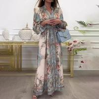 China 2026 Spring New Retro V-Neck Long Sleeve Vintage Print Flared Maxi Dress for sale