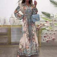 China 2026 Spring New Retro V-Neck Long Sleeve Vintage Print Flared Maxi Dress for sale