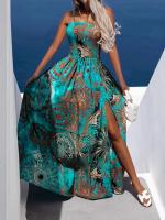 China 2026 New Bohemian Style Maxi Dress with Art Prints Sexy Cut and High Slit for Vacation for sale