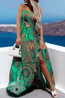 China 2026 New Bohemian Style Maxi Dress with Art Prints Sexy Cut and High Slit for Vacation for sale