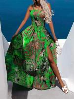China 2026 New Bohemian Style Maxi Dress with Art Prints Sexy Cut and High Slit for Vacation for sale