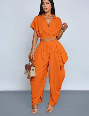 China 2026 Women's Elegant Two-Piece Set with Apricot V-neck Blouse and High-Waist Pocketed Pants Featuring Gold Buttons for sale