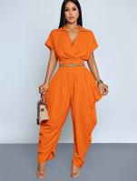 China 2026 Women's Elegant Two-Piece Set with Apricot V-neck Blouse and High-Waist Pocketed Pants Featuring Gold Buttons for sale